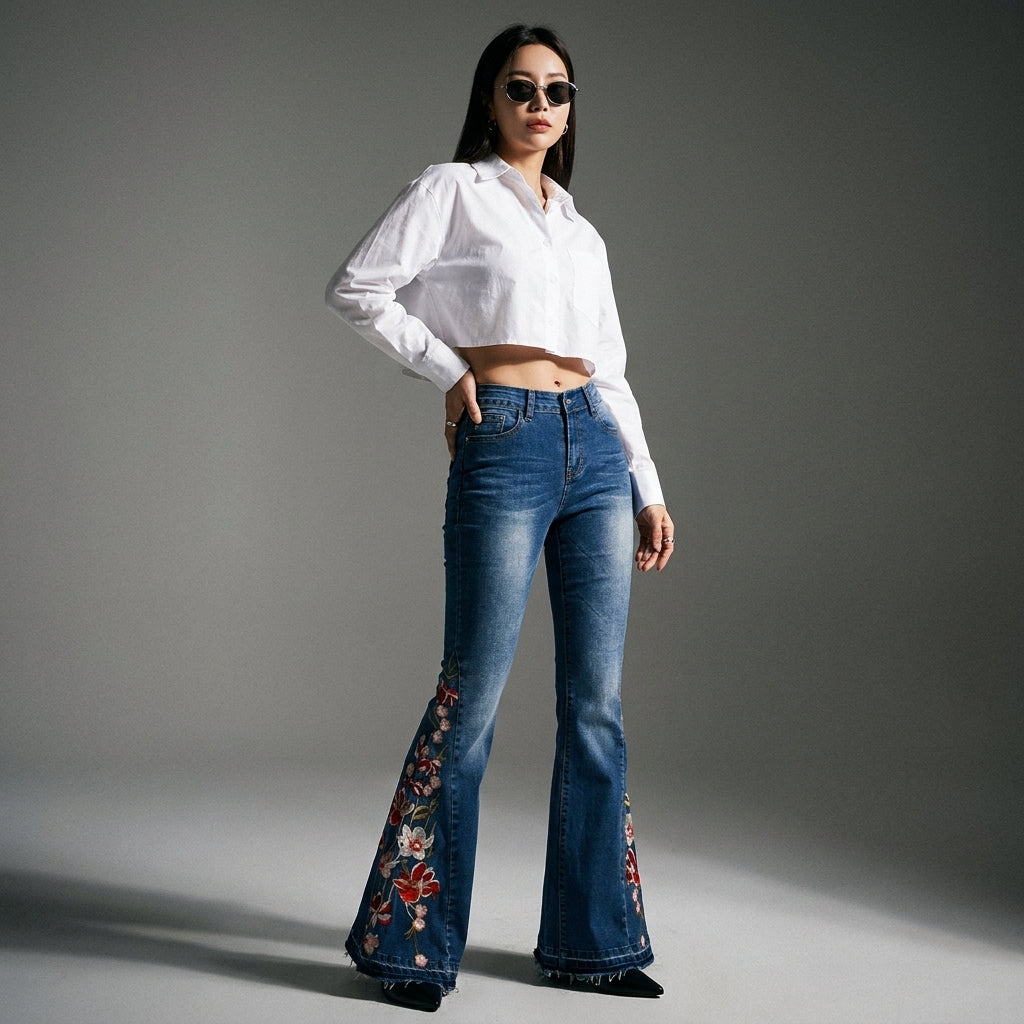 Denim Flared Pants 3D Heavy Industry Embroidered Denim Women's Autumn ...