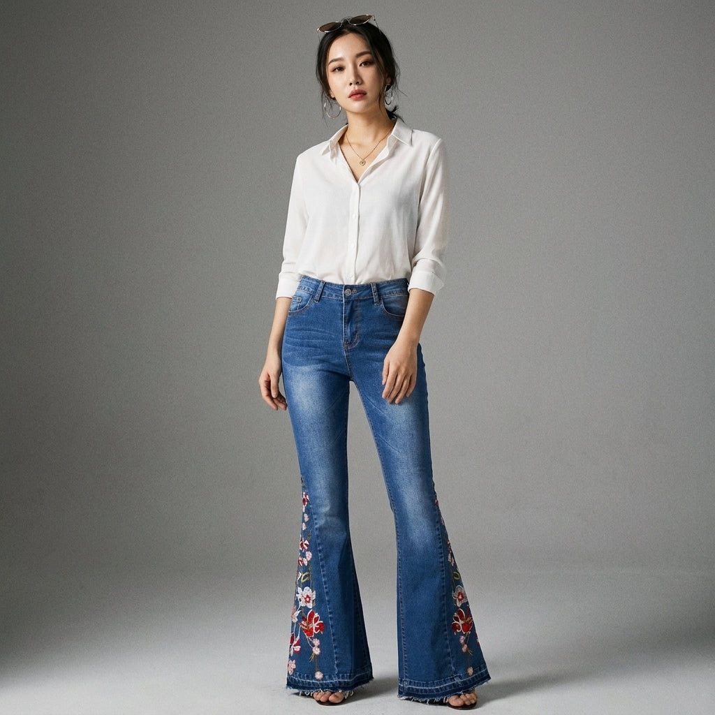 Denim Flared Pants 3D Heavy Industry Embroidered Denim Women's Autumn ...