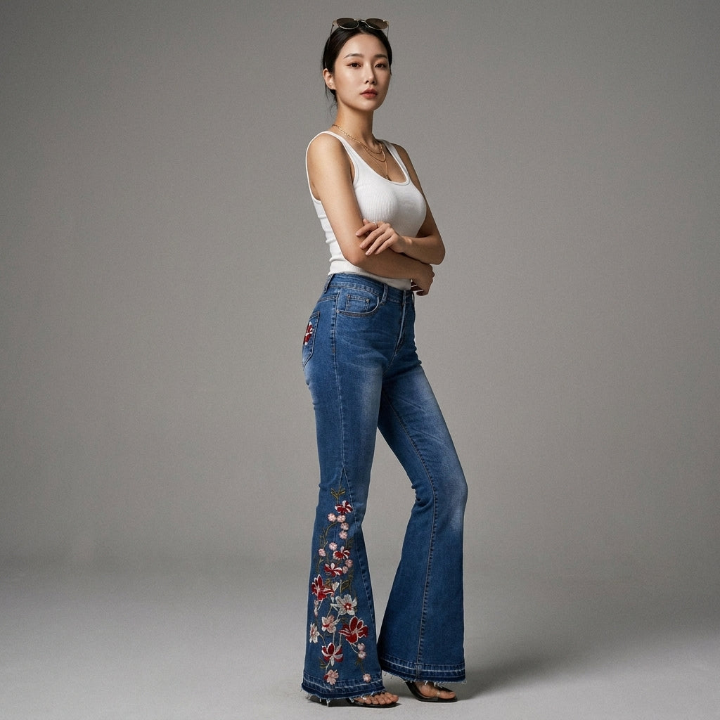 Denim Flared Pants 3D Heavy Industry Embroidered Denim Women's Autumn ...
