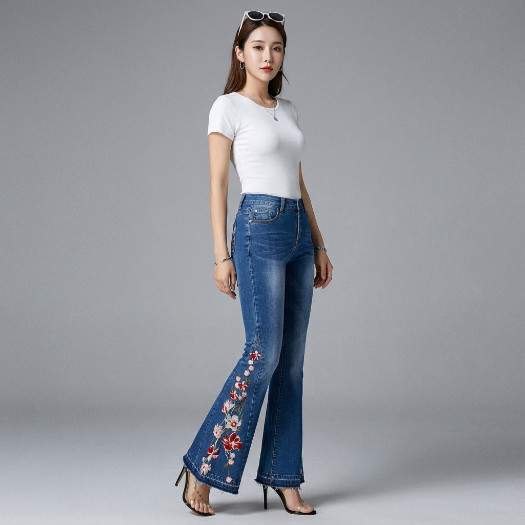 Denim Flared Pants 3D Heavy Industry Embroidered Denim Women's Autumn ...